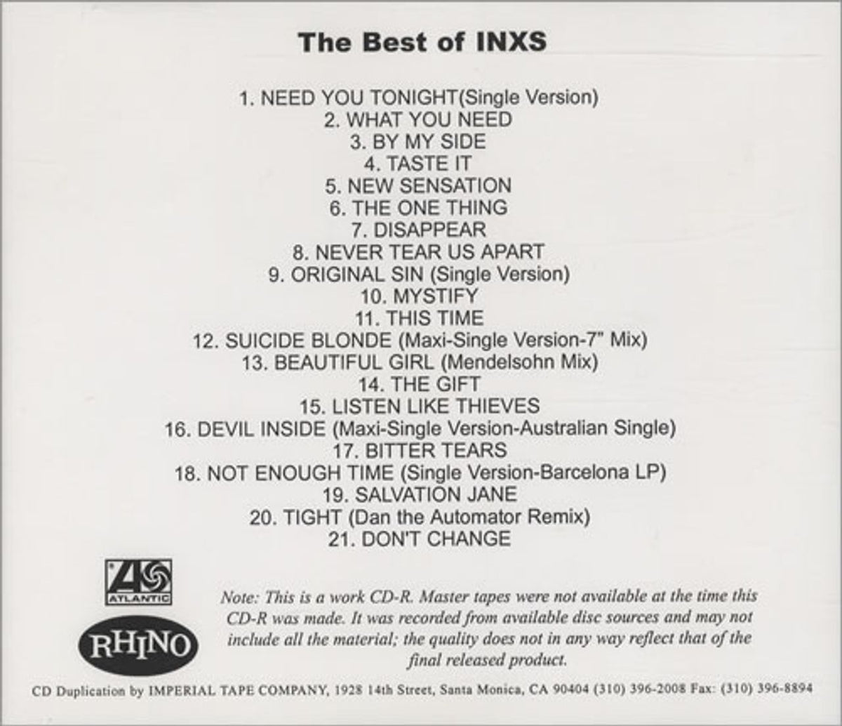 Inxs The Best Of Inxs US Promo CD-R acetate — RareVinyl.com