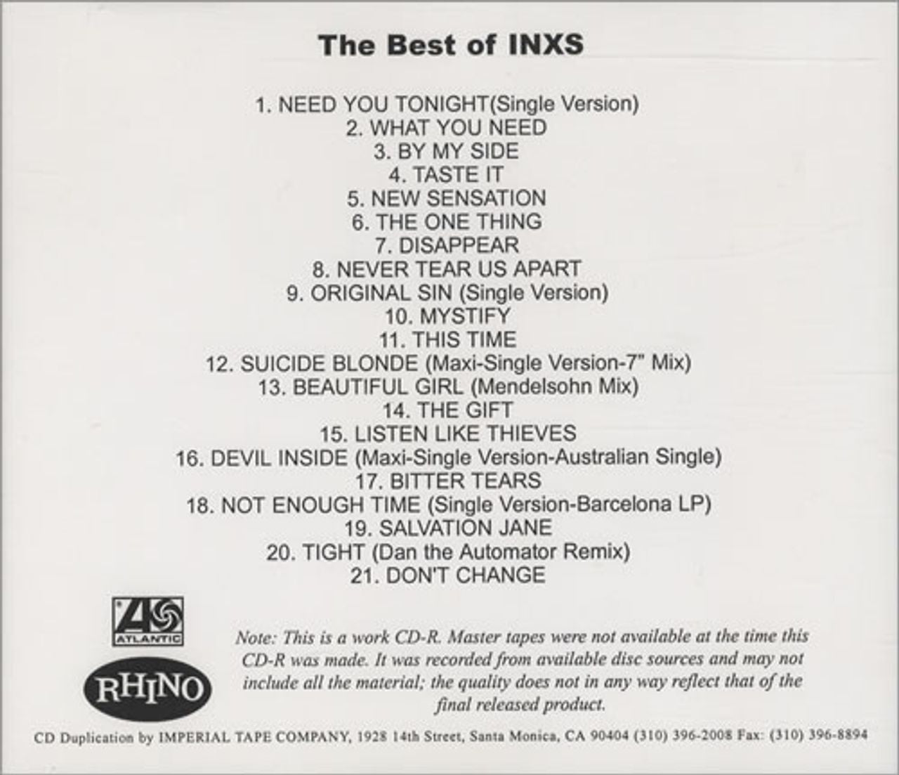 Inxs The Best Of Inxs US Promo CD-R acetate — RareVinyl.com